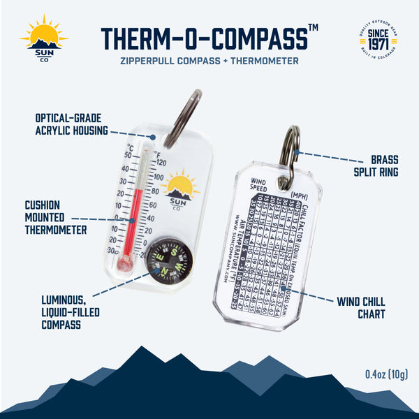 Sun Company Therm-o-Compass - Mini Zipper Pull Compass & Thermometer