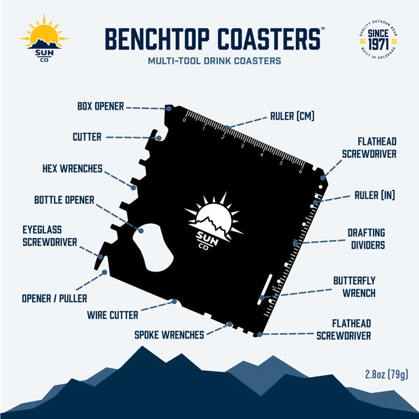 Sun Company BenchTop Coasters (2-Pack) - Multi-Tool Drink Coasters